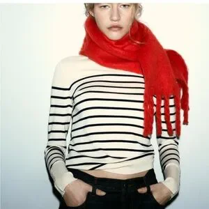 Zara | Accessories | Zara Red Fringed Fluffy Brushed Scarf Extra Long ...